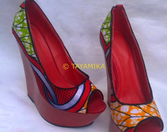 Red African Print Shoes Ankara Fabric Covered Shoes Red Wedge Heels ...