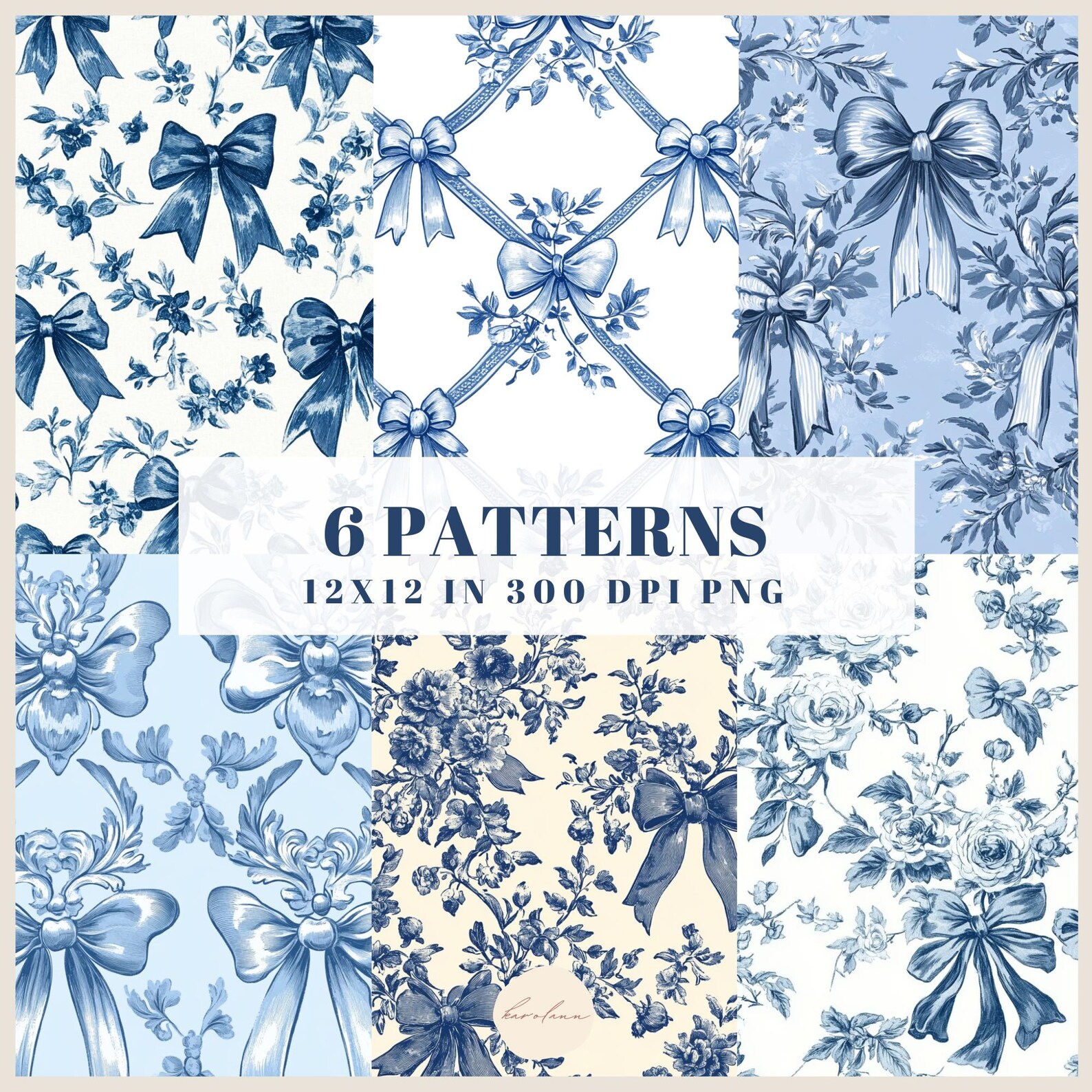 Blue Toile Bows: Chinoiserie Seamless Pattern Bundle, Vintage Victorian ...