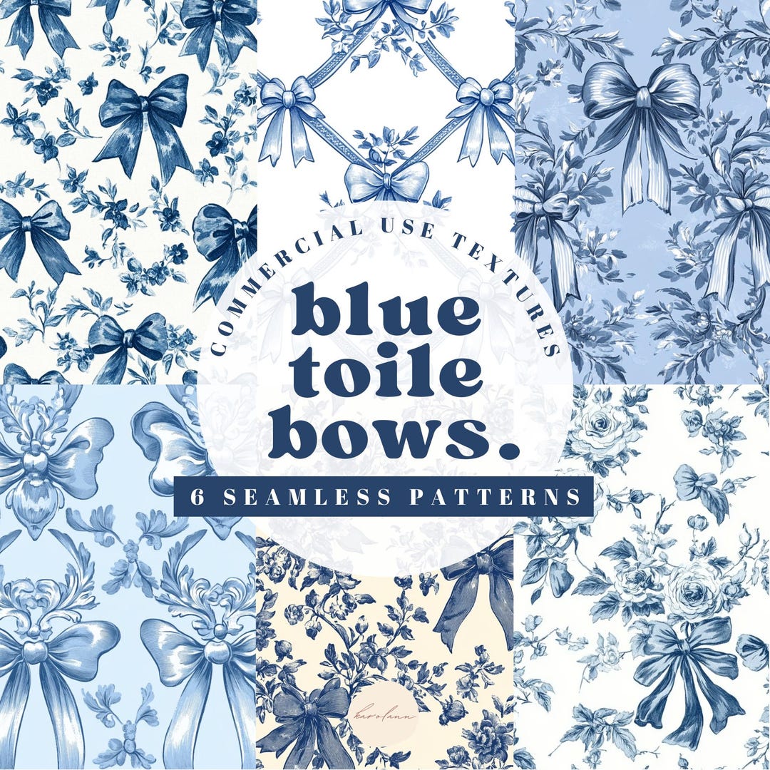 Blue Toile Bows: Chinoiserie Seamless Pattern Bundle, Vintage Victorian ...