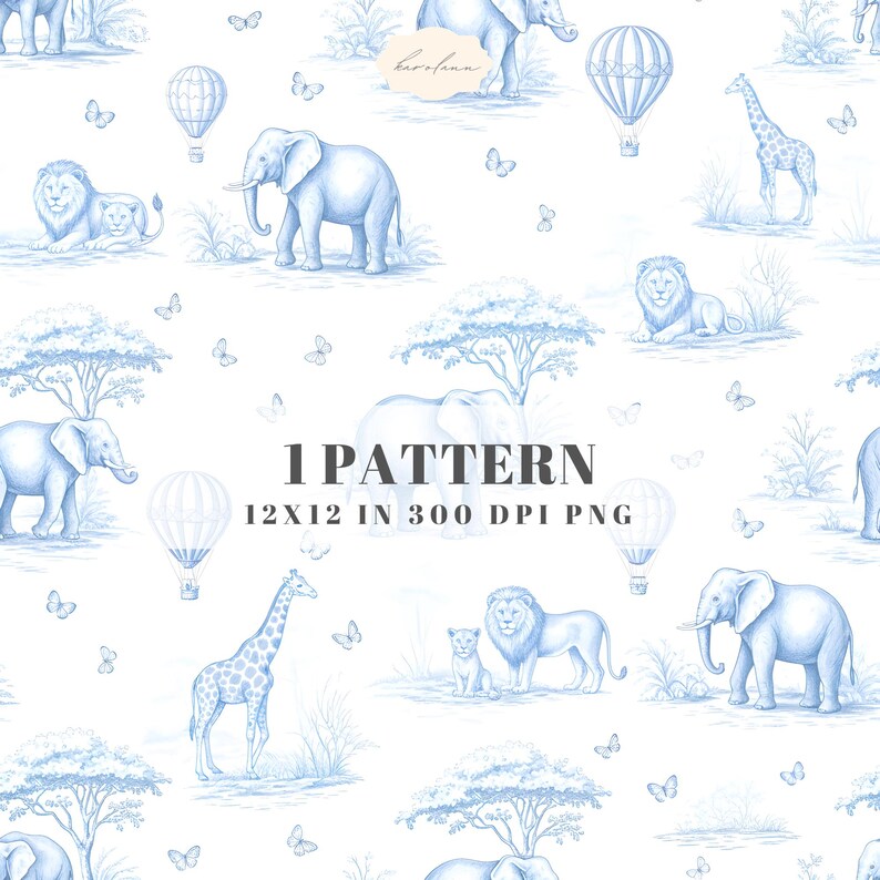 Blue Safari Toile: Seamless Nursery Pattern, Vintage Chinoiserie Toile ...