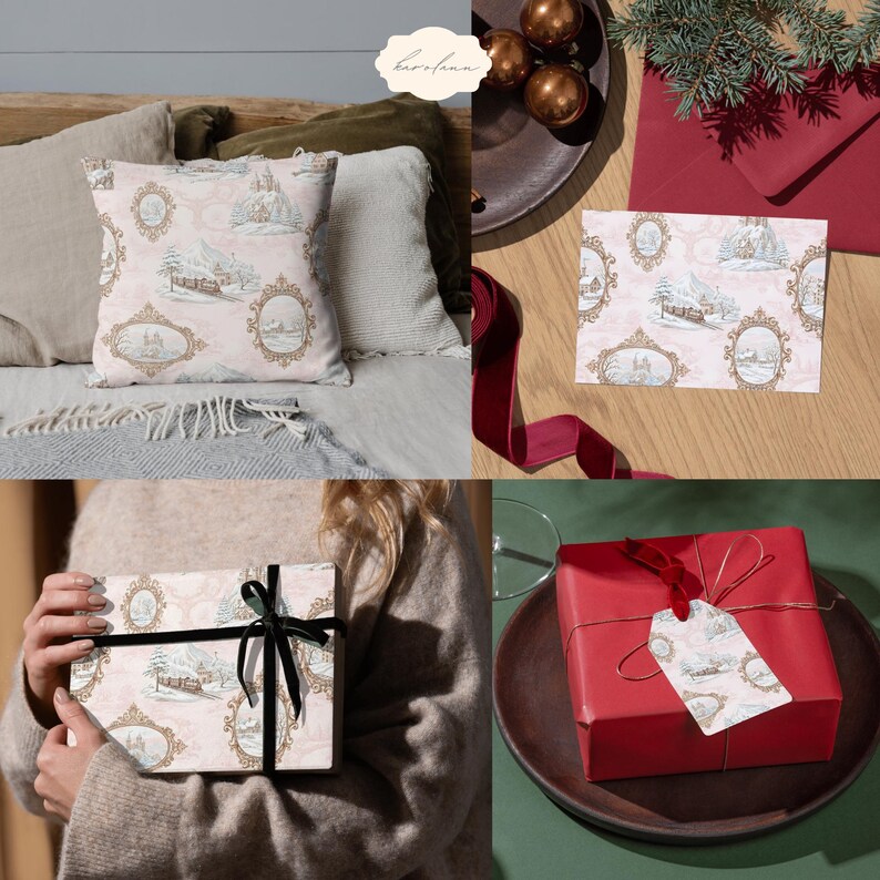 Winter Toile: Pink Christmas Seamless Pattern Vintage Digital Paper ...