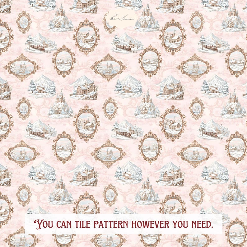 Winter Toile: Pink Christmas Seamless Pattern Vintage Digital Paper ...