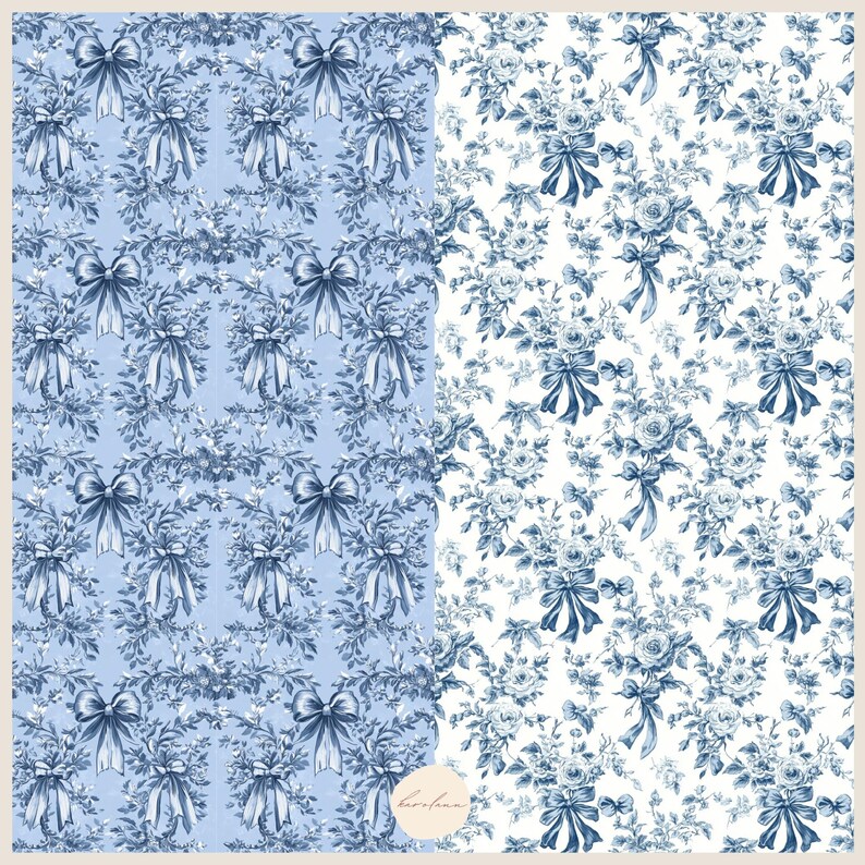 Blue Toile Bows: Chinoiserie Seamless Pattern Bundle, Vintage Victorian ...