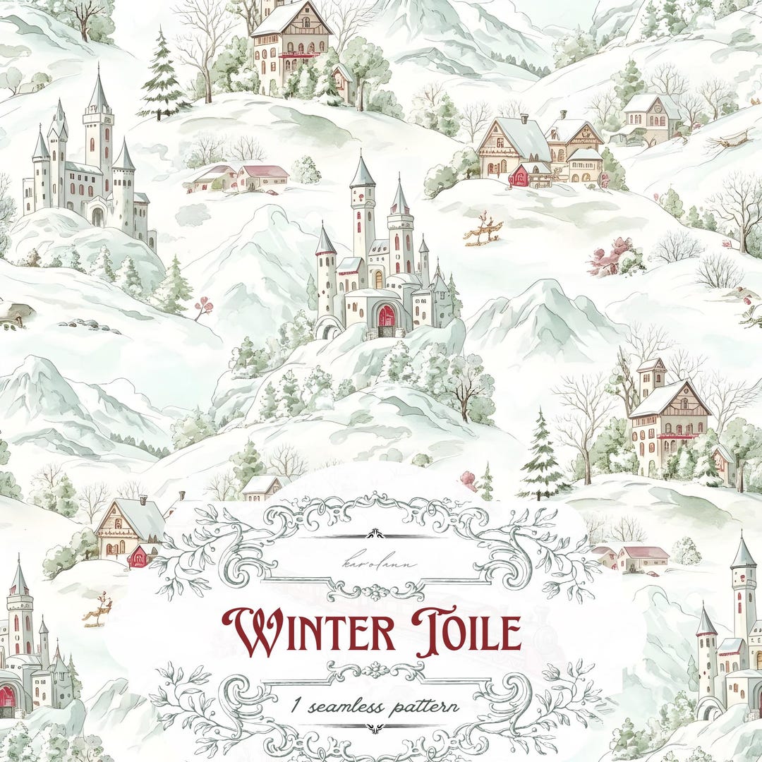 Winter Toile: Green Christmas Seamless Pattern Vintage Digital Paper ...