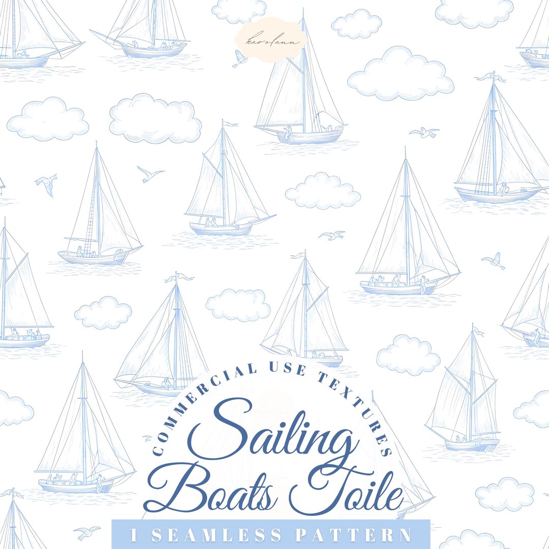 Sailing Boats Toile: Boy Blue Seamless Pattern Sailboats Line Art ...