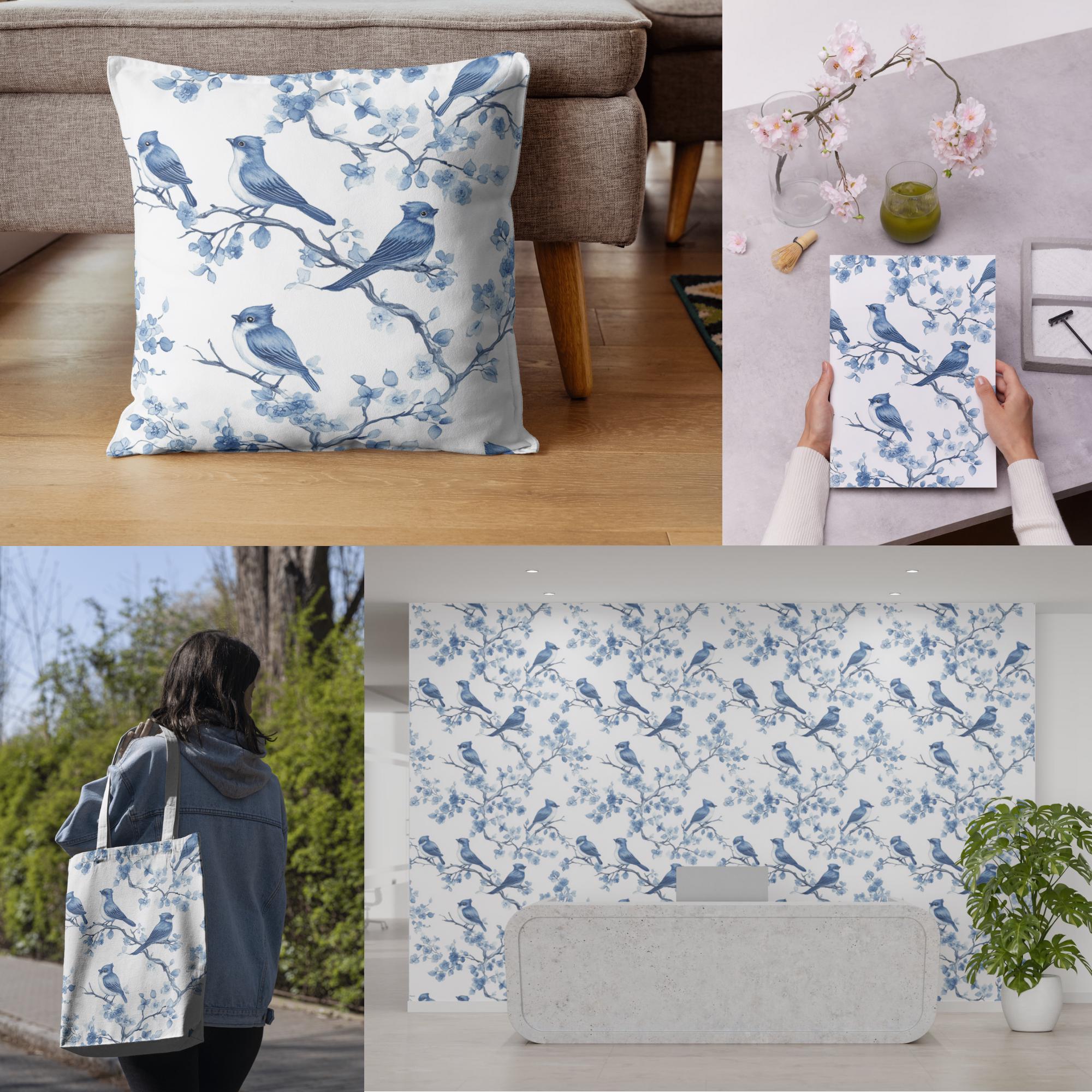 Delicate Blue Toile Birds De Jouy Chinoiserie Seamless Pattern Digital ...