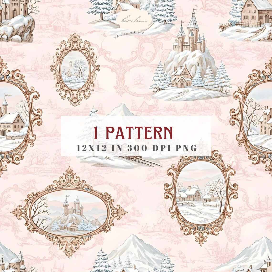Winter Toile: Pink Christmas Seamless Pattern Vintage Digital Paper ...