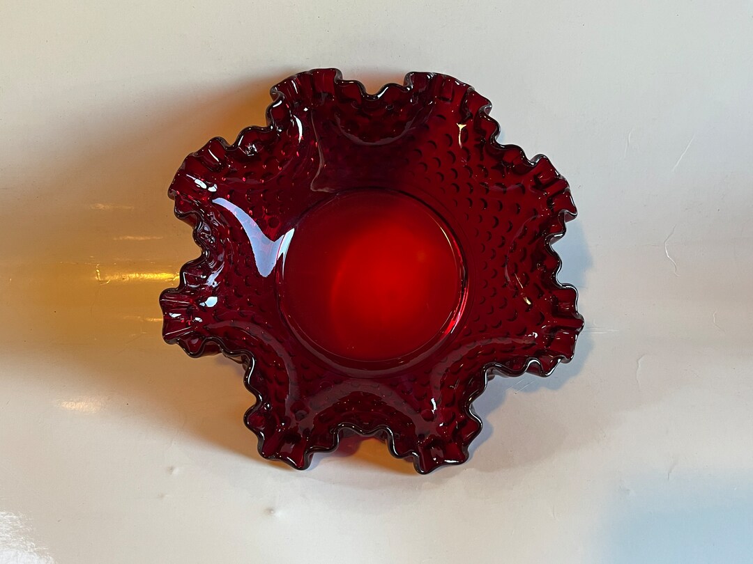 Vintage Ruby Red Fenton Glass 7" Candy Dish Hobnail Red Glass Ruffled ...