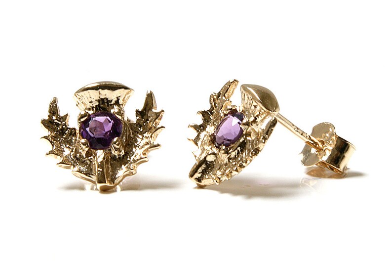 Solid 9ct Gold Amethyst Scottish Thistle Stud Earrings With - Etsy