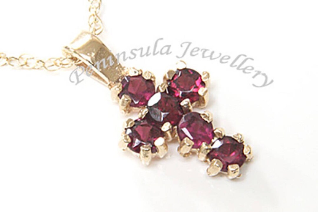 Solid 9ct Gold Garnet Cross Pendant Necklace and 18 Inch Chain With ...