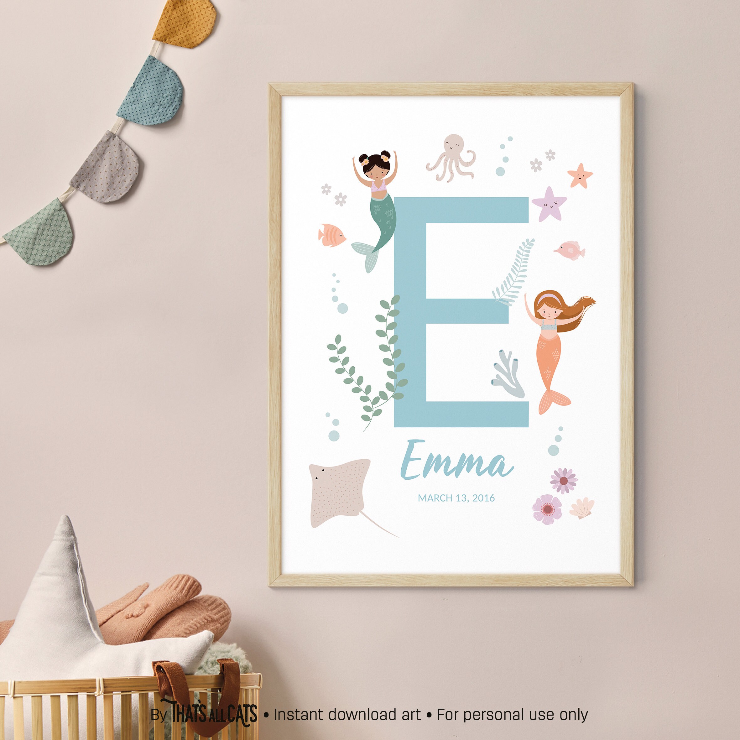Mermaid Personalized Printable, Mermaid Nursery Name Print, Girls Room ...