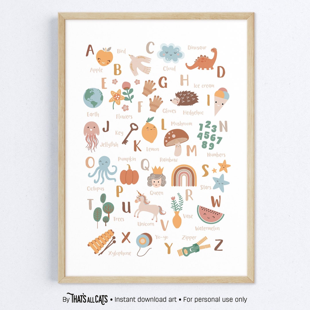 Whimsical Alphabeth Print, Montessori Alphabet Wall Art, Abc Nursery ...
