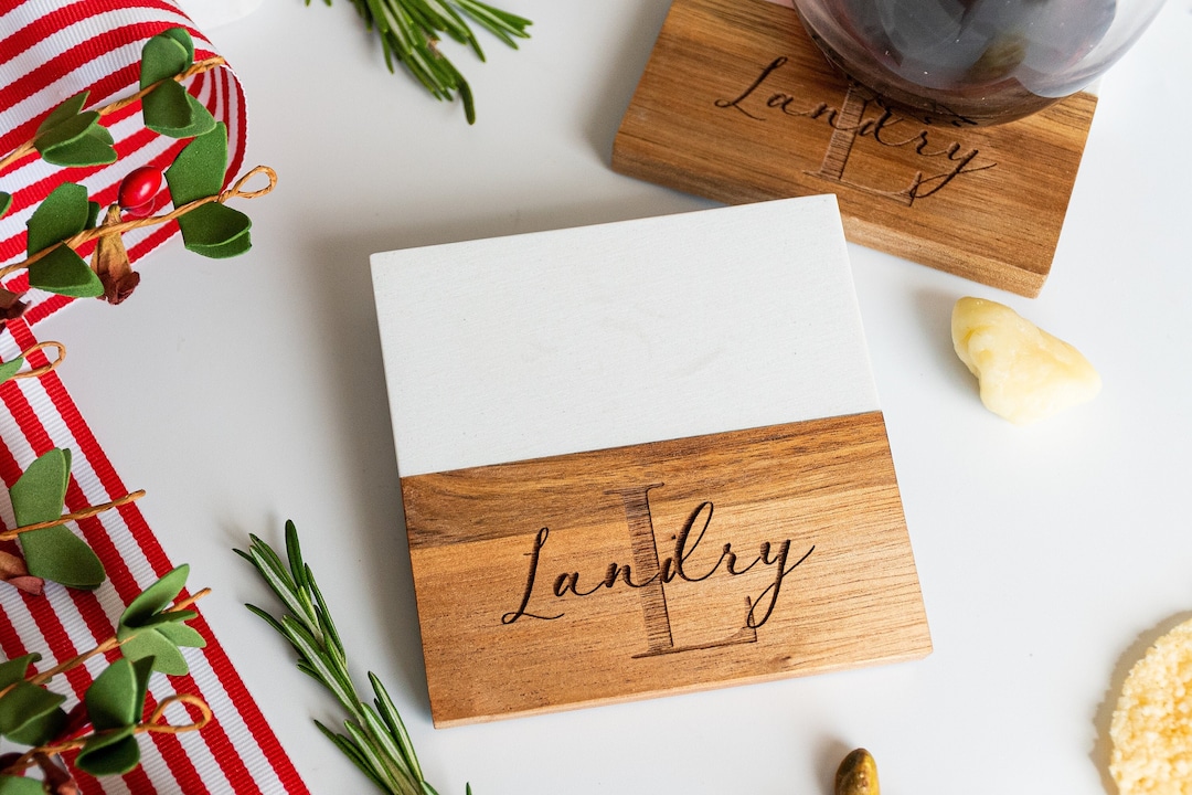Personalized Coasters, Set of 4, Wood and Marble Coasters, Custom ...