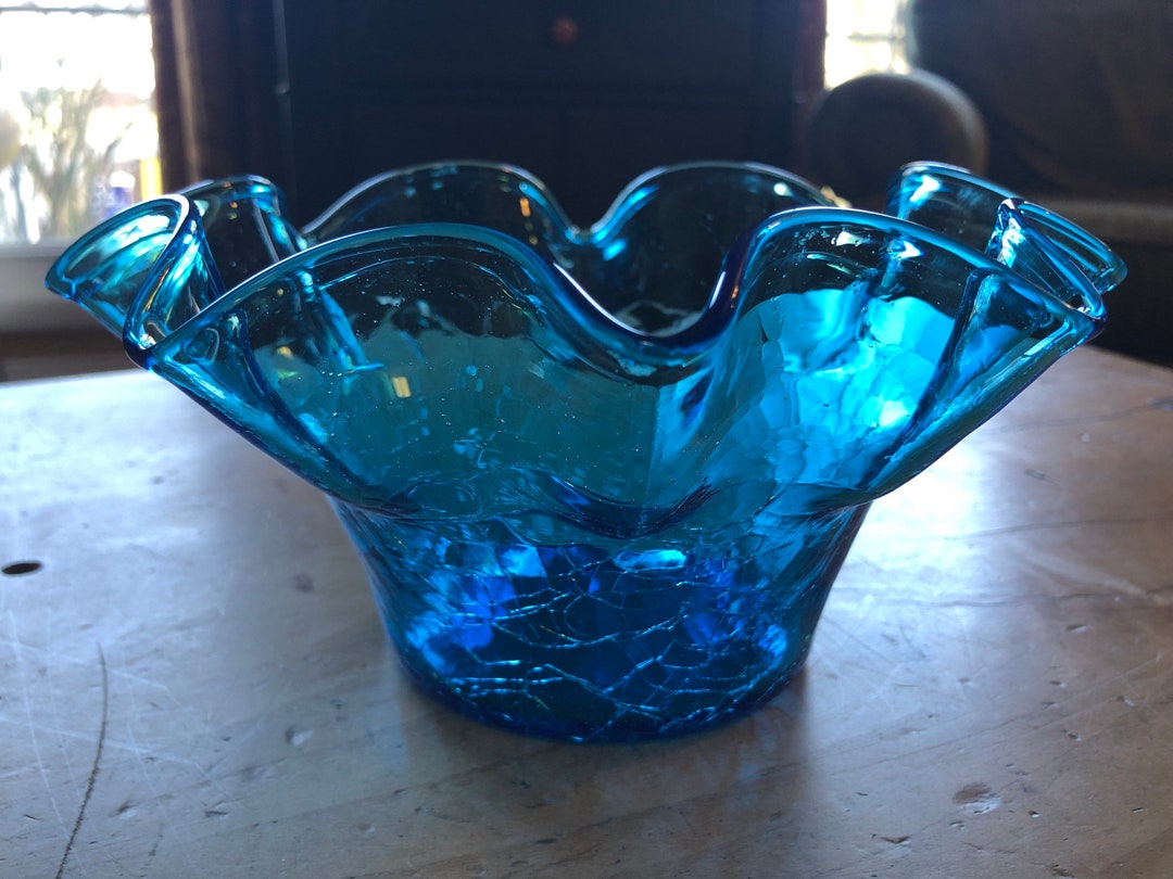 Vintage Mid Century Blenko Blue Crackle Bowl With Ruffled Edge - Etsy