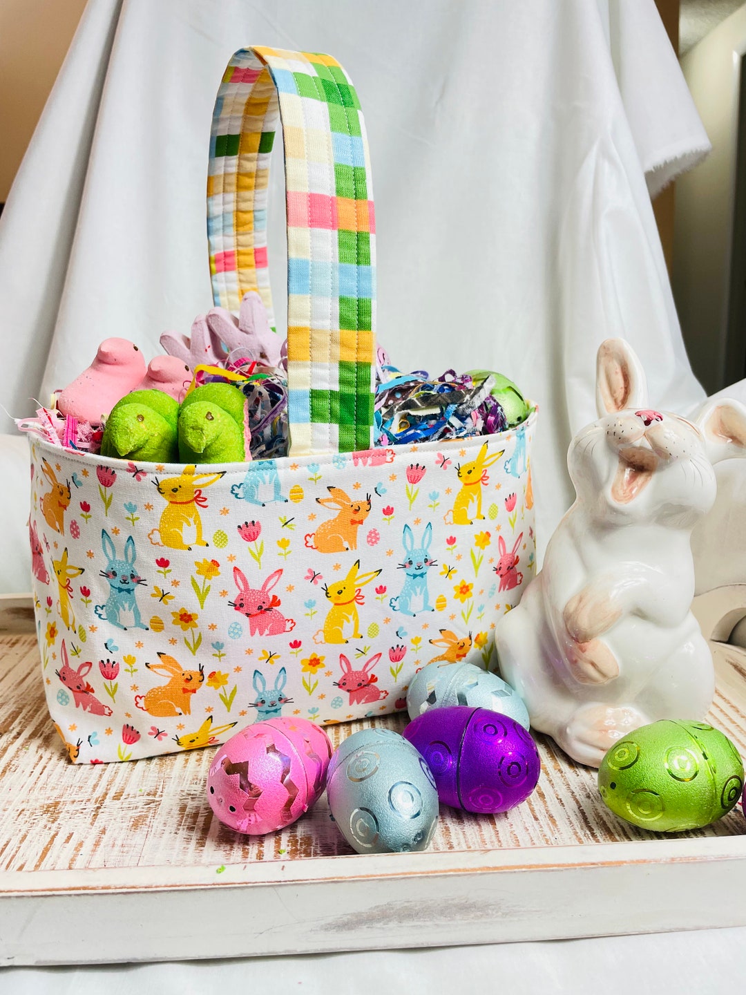 Fabric Easter Basket Fully-lined, Bunny and Flower Basket, Easter Egg ...