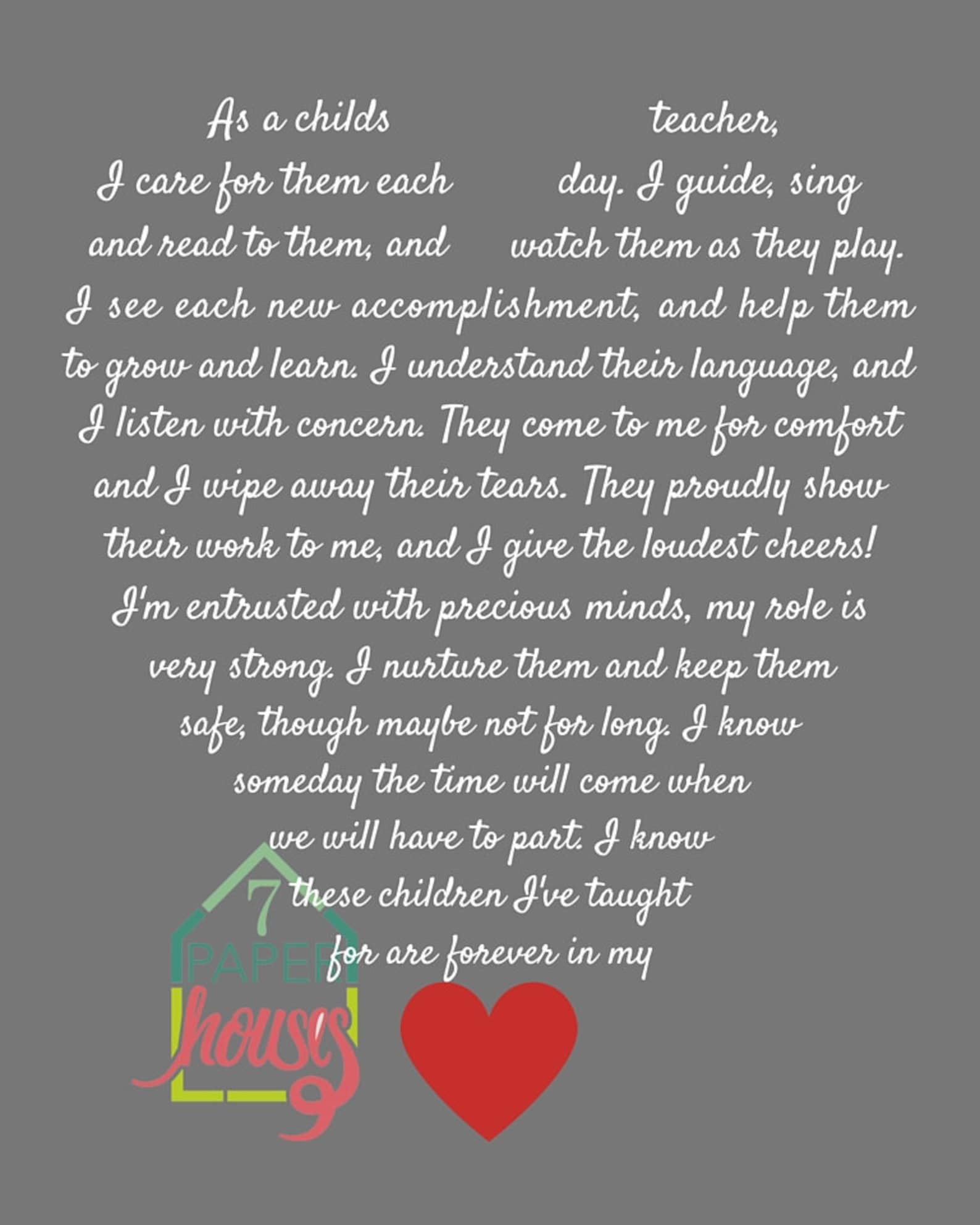 TEACHER HEART POEM Digital Download - Teacher Gift, Caregiver Print ...