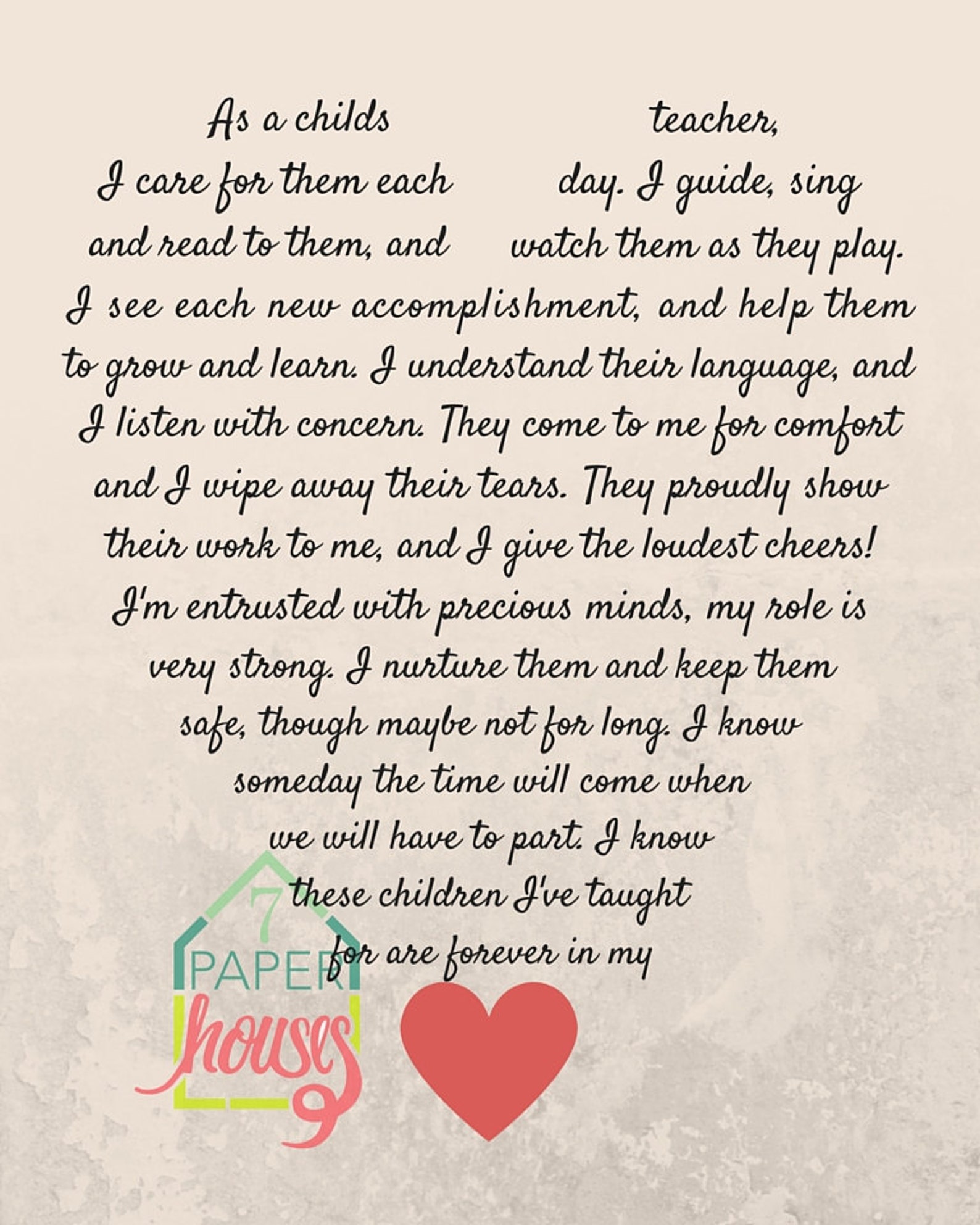 TEACHER HEART POEM Digital Download - Teacher Gift, Caregiver Print ...