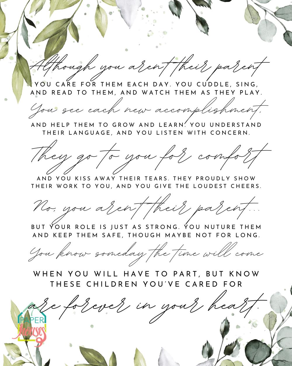 Caregiver Poem Print – Meaningful Gift, Childcare Art (digital Download ...