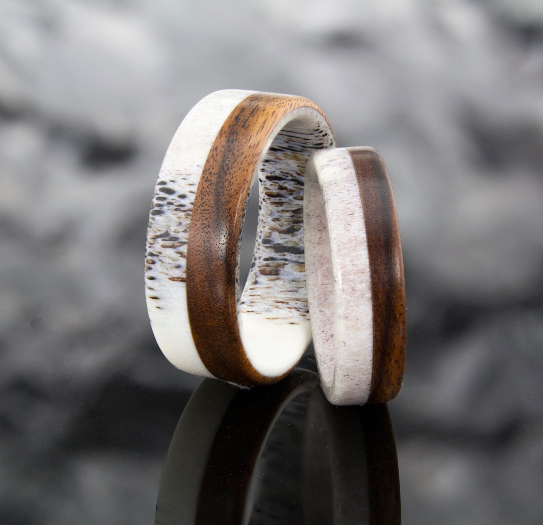 Elk Antler Wedding Band Set: Honduran Rosewood Inlay, His and Hers - Etsy