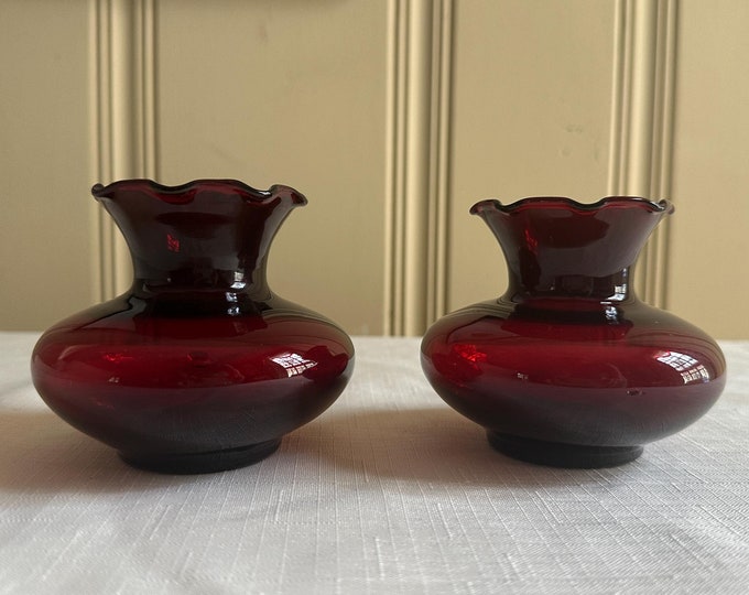 2 Anchor Hocking Royal Ruby Red Bulb Bud Vases Crimped Edge Vintage ...