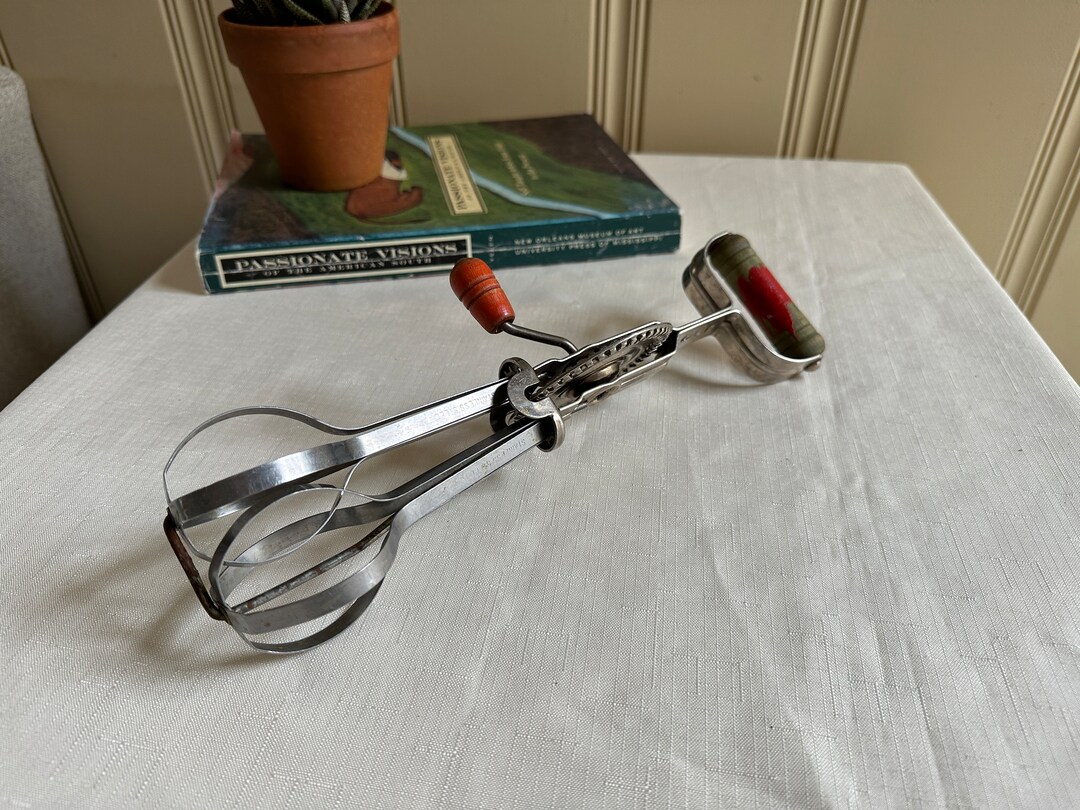 Vintage Androck Egg Beater Manual Hand Mixer Red Wooden Handles ...