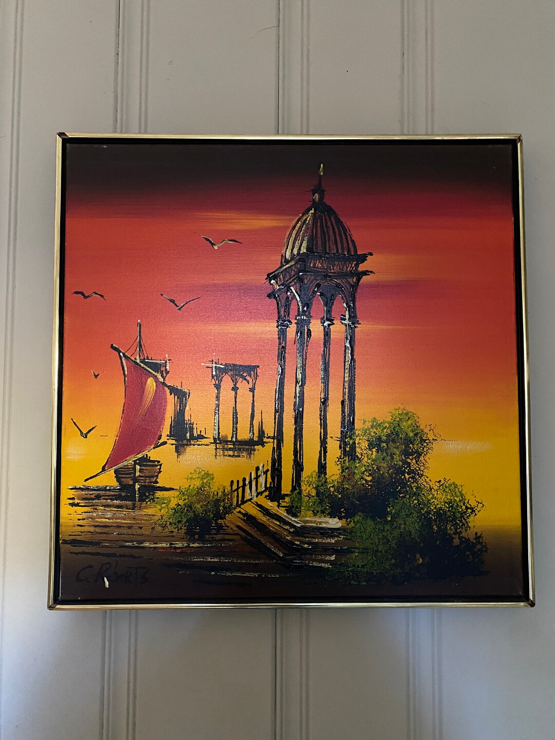 Vintage C Roberts Oil Painting Red Orange Boat Mid Century Modern 70s ...