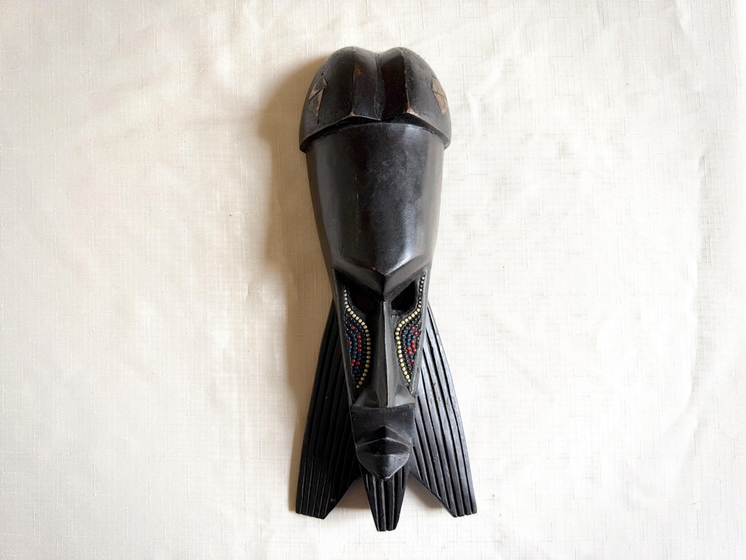 Hand Carved African Wooden Tribal Mask Made in Ghana Beaded With Metal ...