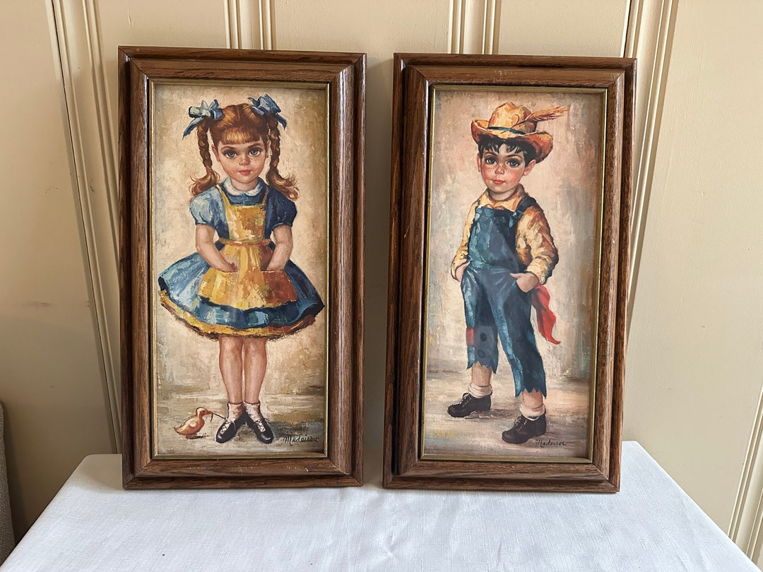 Pair of MCM Medeiros Artist Big Eyed Boy and Girl Prints Framed Under ...