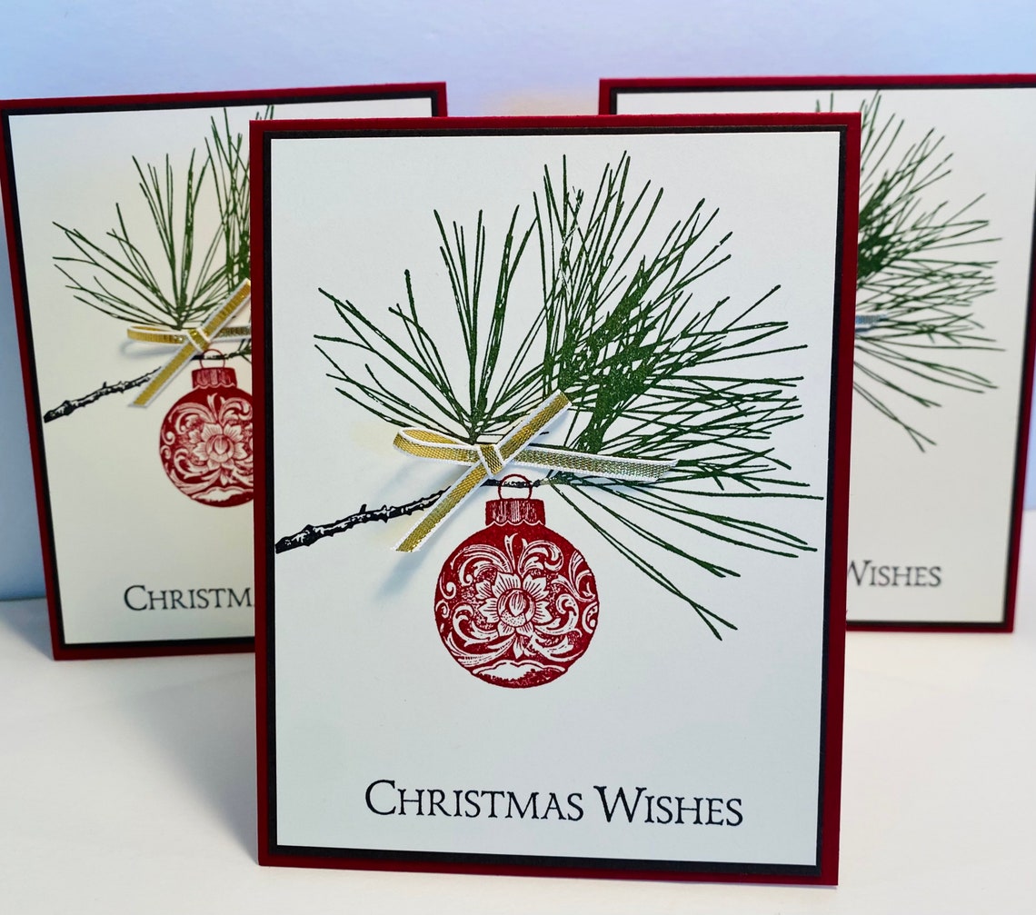 Beautiful Christmas Card Set - Hand Stamped Christmas Cards With Pine ...