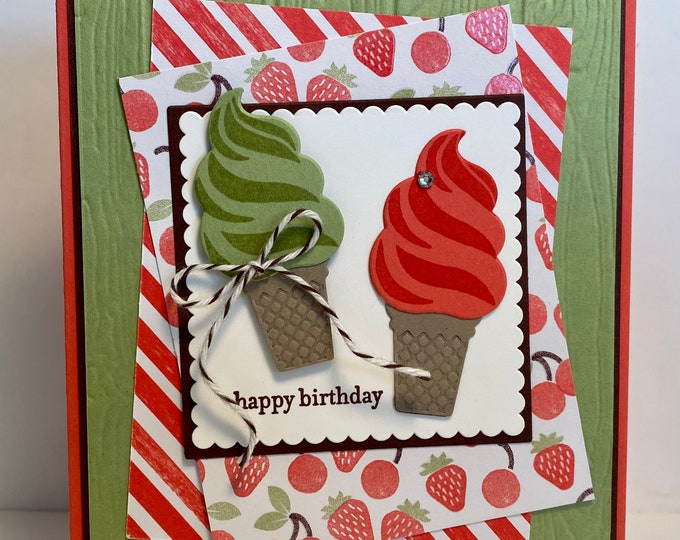 Birthday Ice Cream Cone Card Handmade Happy Birthday Card Embellished