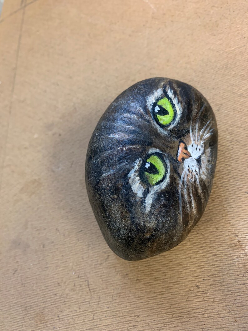 Small Brown Cat Face Rock Painting in Acrylic. It is Covered With Water ...