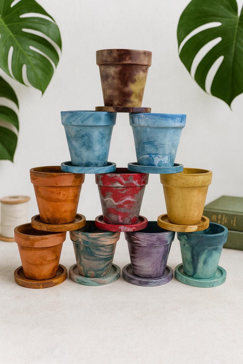 3 Inch Marbled Cement Planter Pot Sealed Round Pot and Drainage Dish ...
