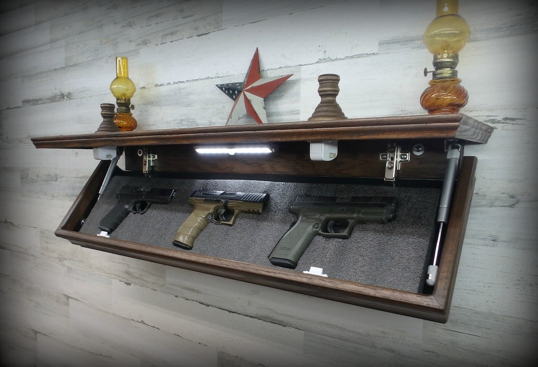 35"n Oak Wall Shelf With Drop Down Hidden Secret Compartment for Guns ...