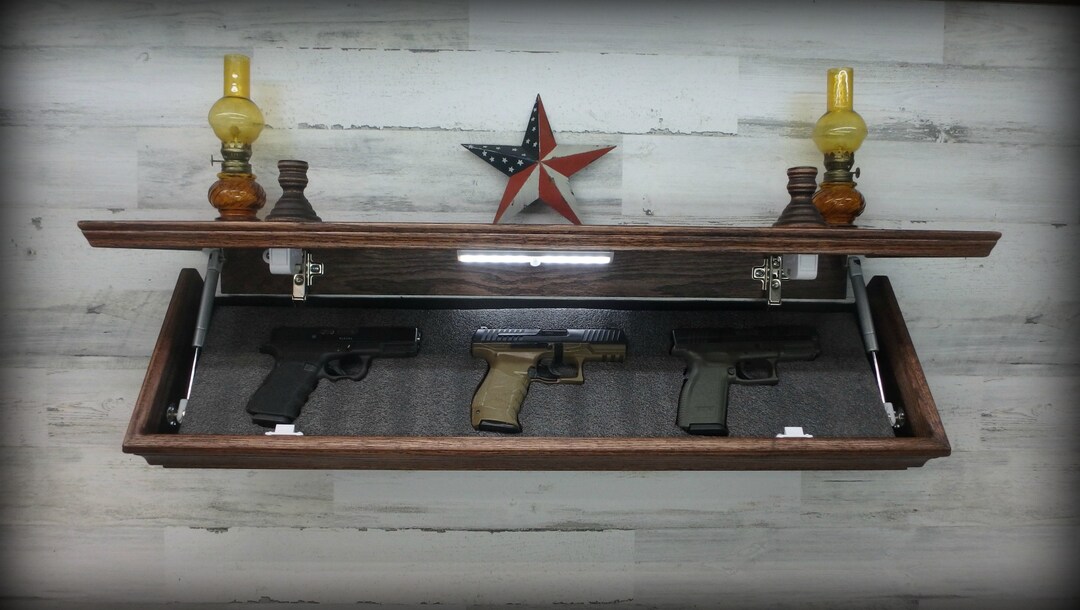 35"n Oak Wall Shelf With Drop Down Hidden Secret Compartment for Guns ...