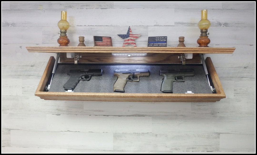 35"n Oak Wall Shelf With Drop Down Hidden Secret Compartment for Guns ...