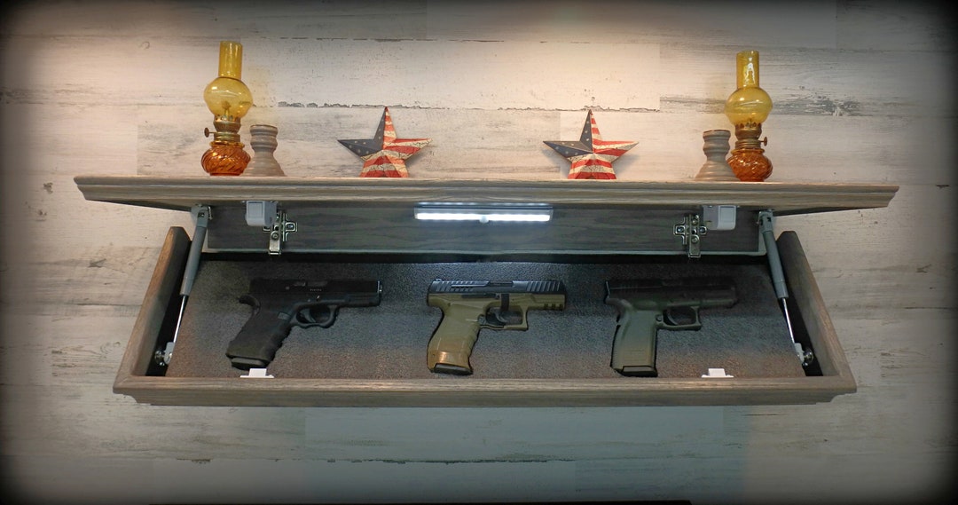 35"n Oak Wall Shelf With Drop Down Hidden Secret Compartment for Guns ...