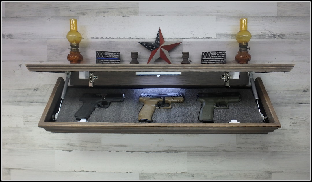 35"n Oak Wall Shelf With Drop Down Hidden Secret Compartment for Guns ...