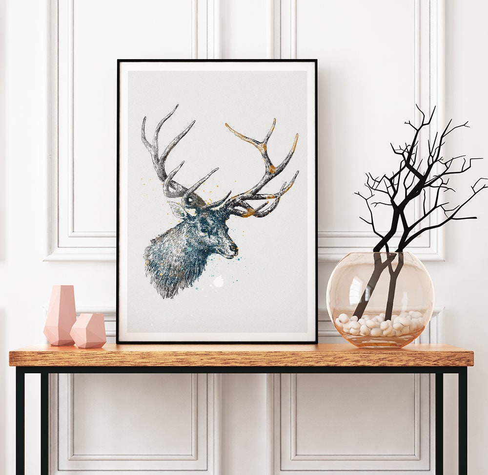 Stag Head Print Watercolor Print Stag Wall Art Watercolor | Etsy