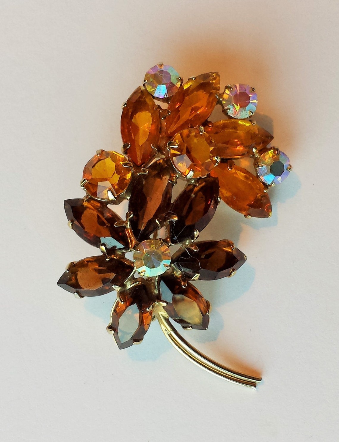 Vintage Topaz and Brown FLORAL RHINESTONE PIN / Juliana Style - Open ...