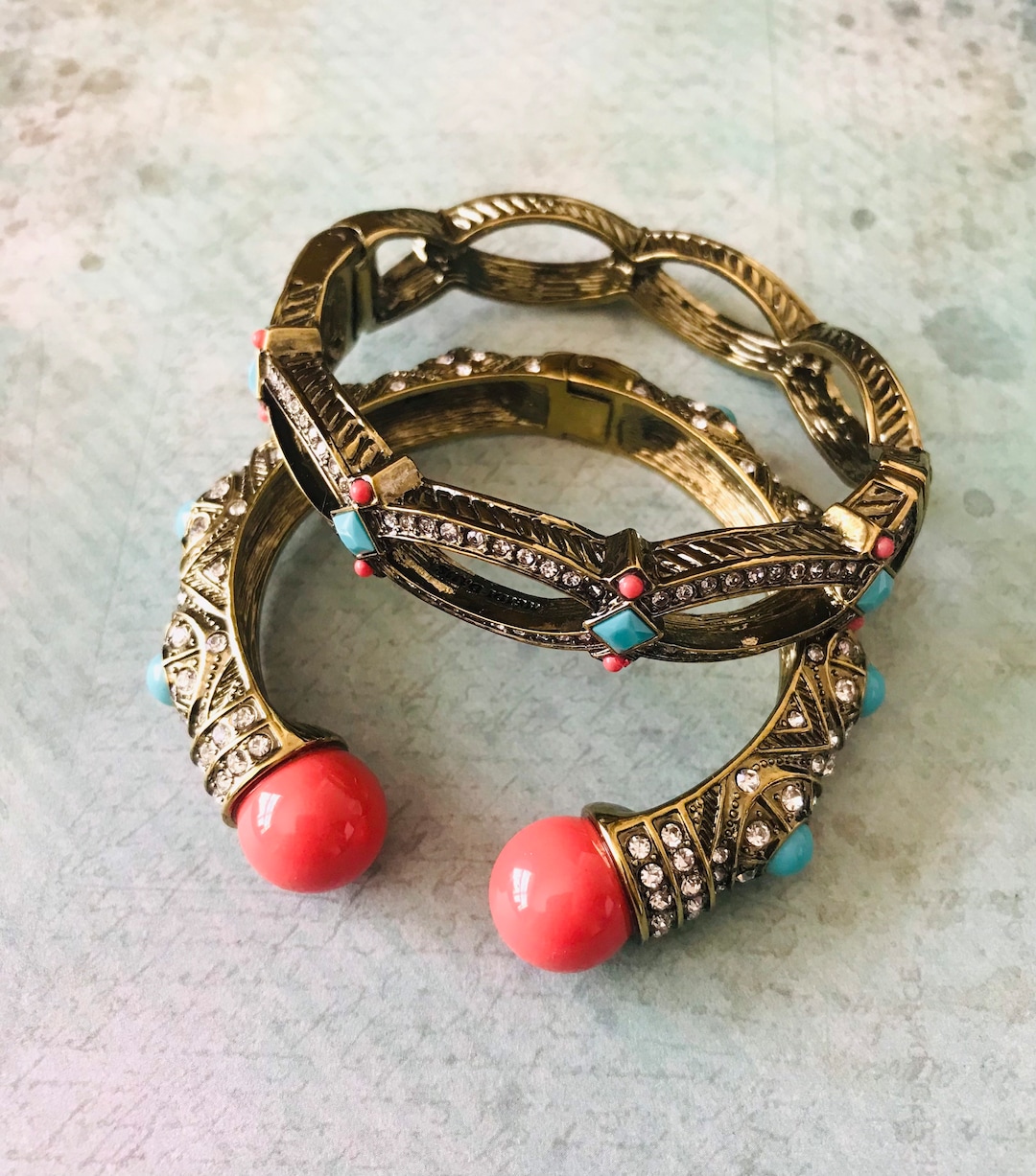 Heidi Daus 2 Pc Hinged Bangle Set Coral Turquoise Crystal in Original ...