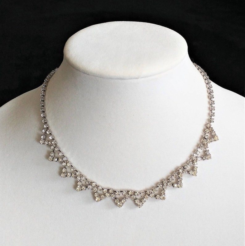 Stunning Vintage CLEAR RHINESTONE NECKLACE / Fringe / Silver Plated ...