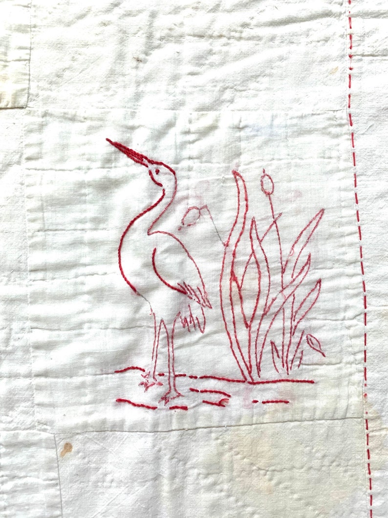 Vintage Redwork Baby Quilt, Antique Hand Embroidered Blanket, Primitive ...