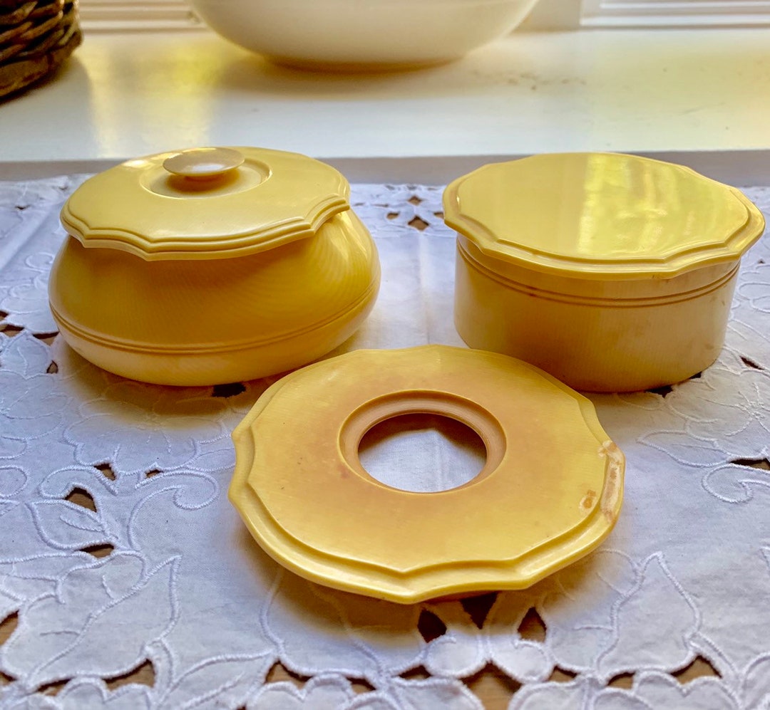 Vintage French Ivory Vanity Set, 3 Piece Dresser Set, Celluloid Powder ...