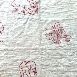Vintage Redwork Baby Quilt, Antique Hand Embroidered Blanket, Primitive ...