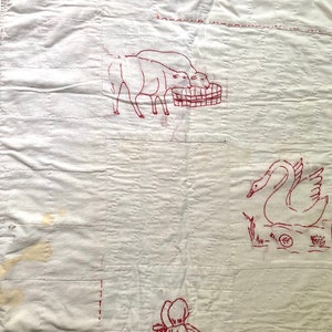 Vintage Redwork Baby Quilt, Antique Hand Embroidered Blanket, Primitive ...