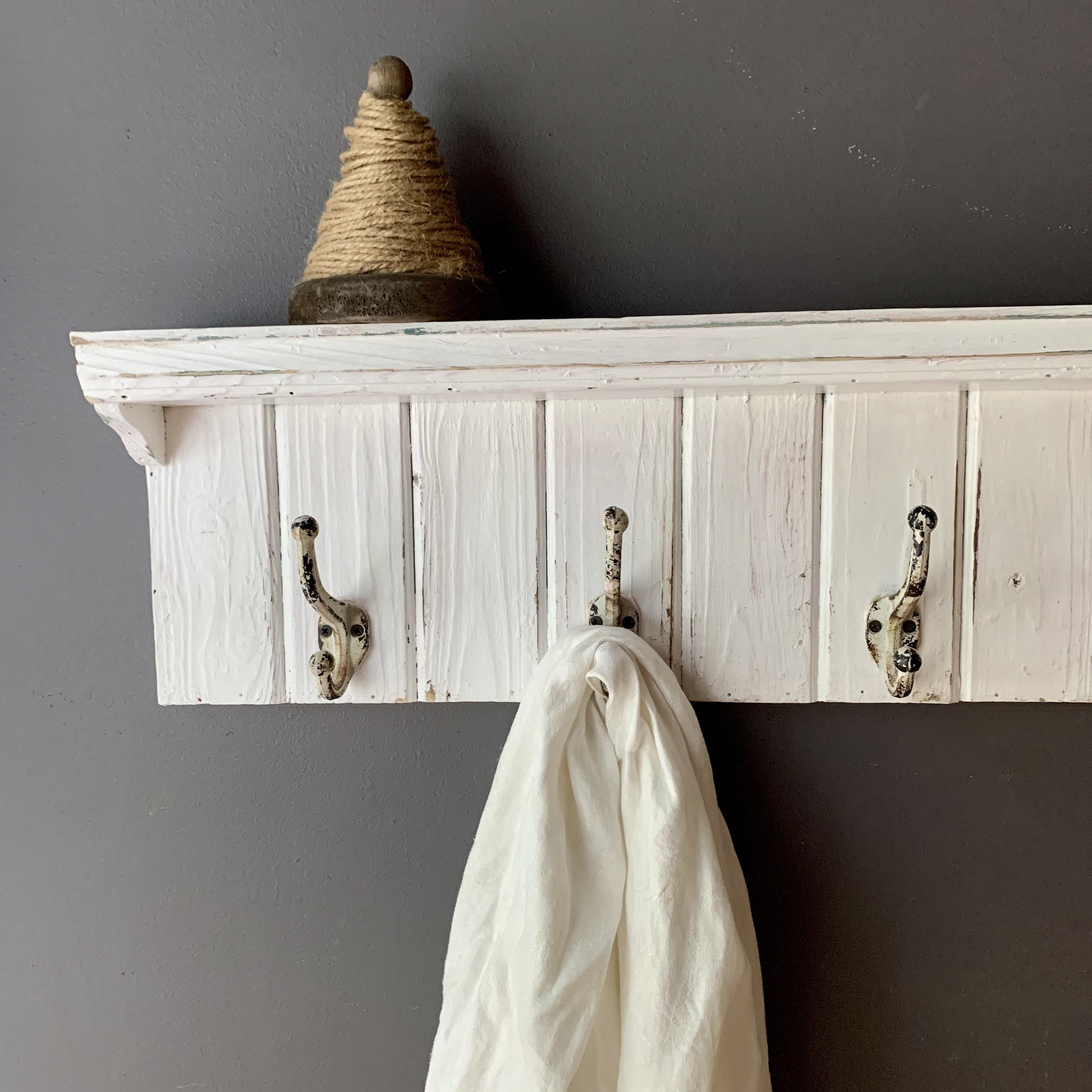 White Distressed Wooden Coat Rack, Farmhouse Wood Shelf, Rustic Wabi ...