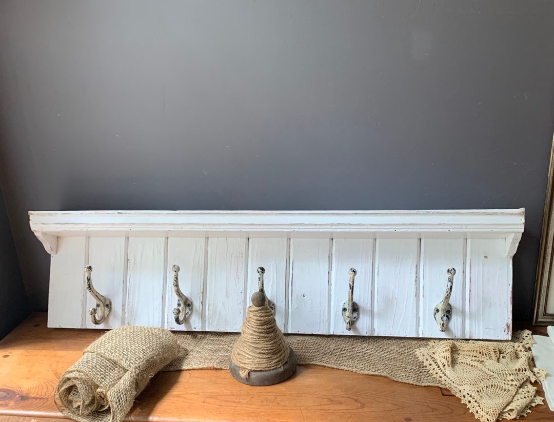 White Distressed Wooden Coat Rack, Farmhouse Wood Shelf, Rustic Wabi ...