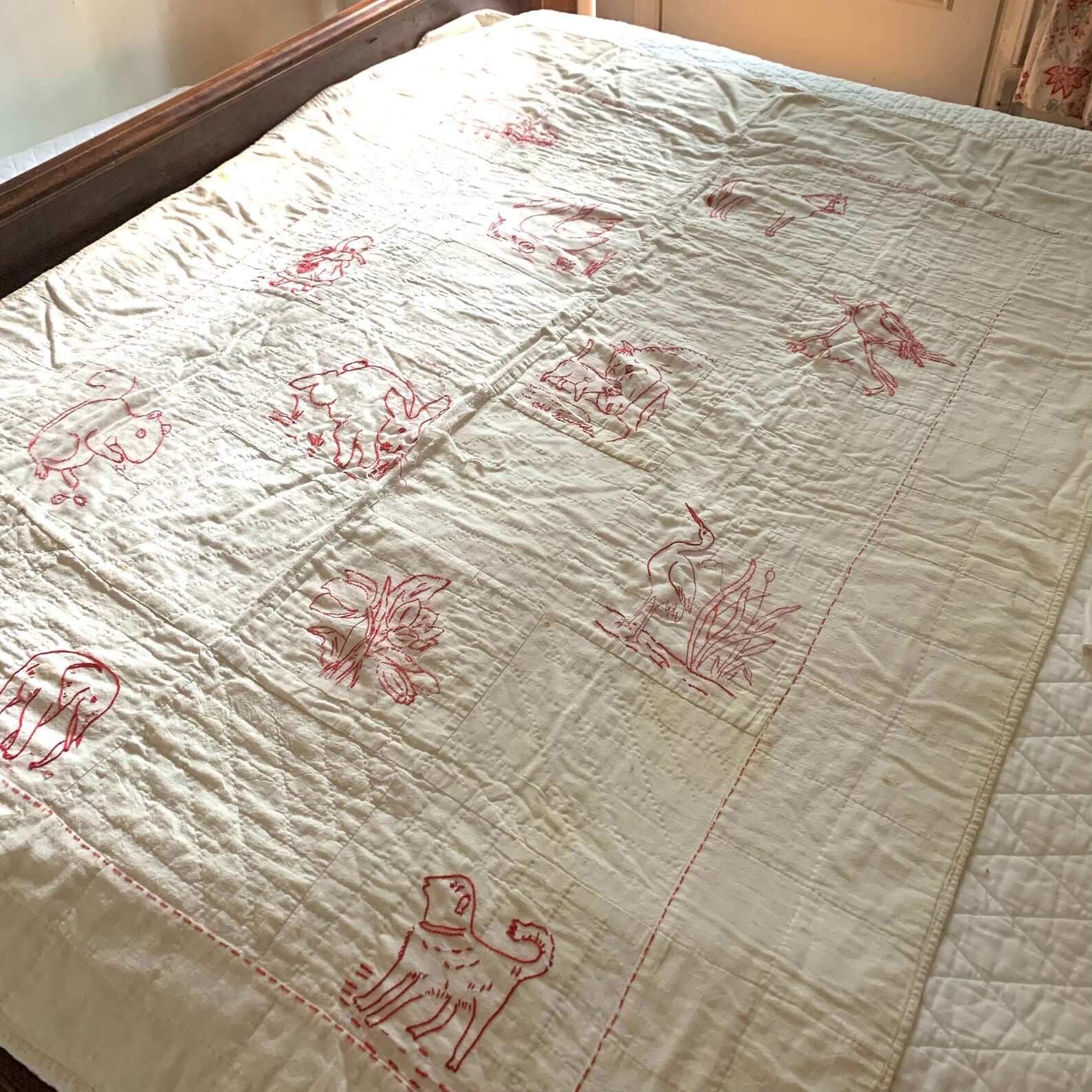 Vintage Redwork Baby Quilt, Antique Hand Embroidered Blanket, Primitive ...
