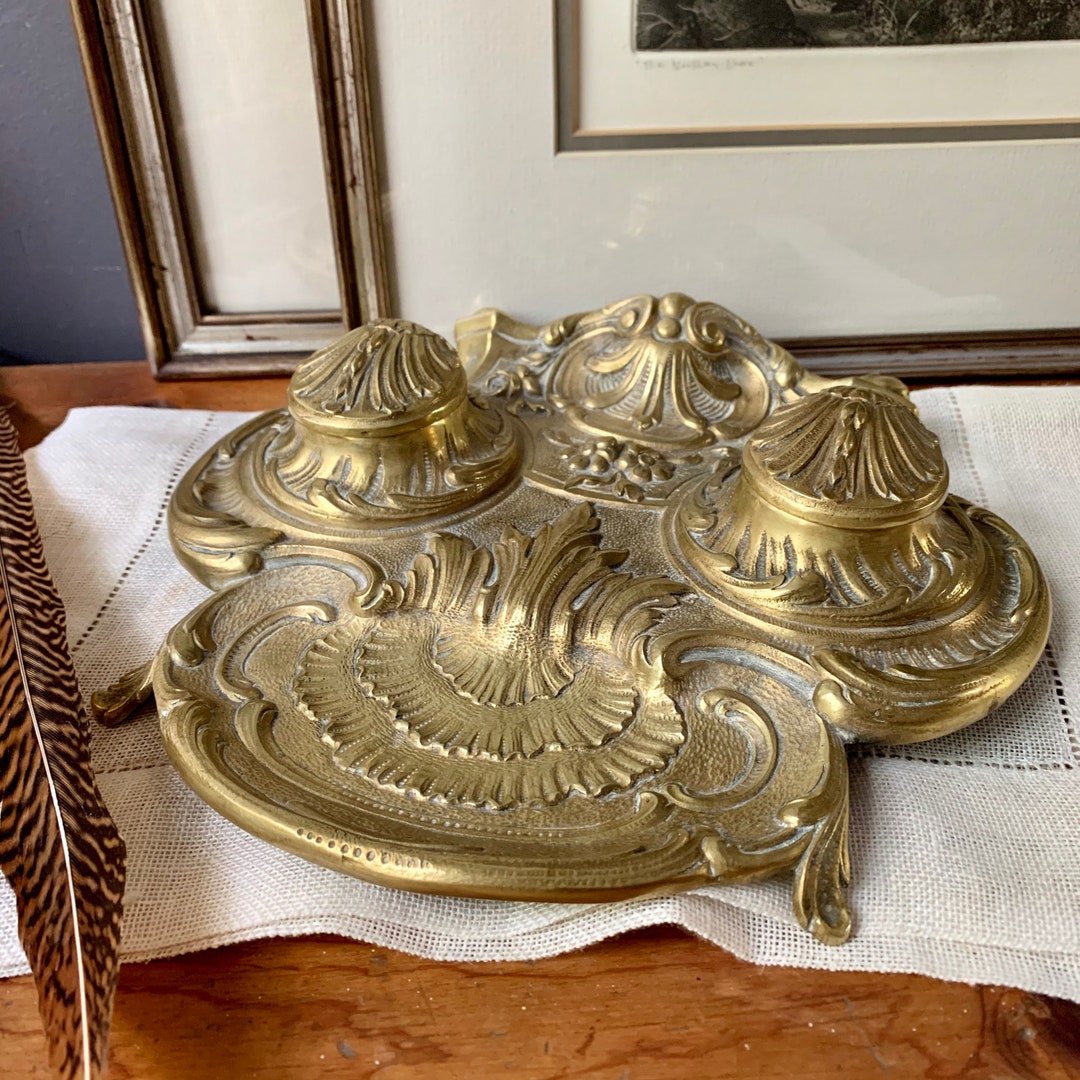Antique French Ink and Pen Station, I.H 120 Depose, Brass Ornate Art ...