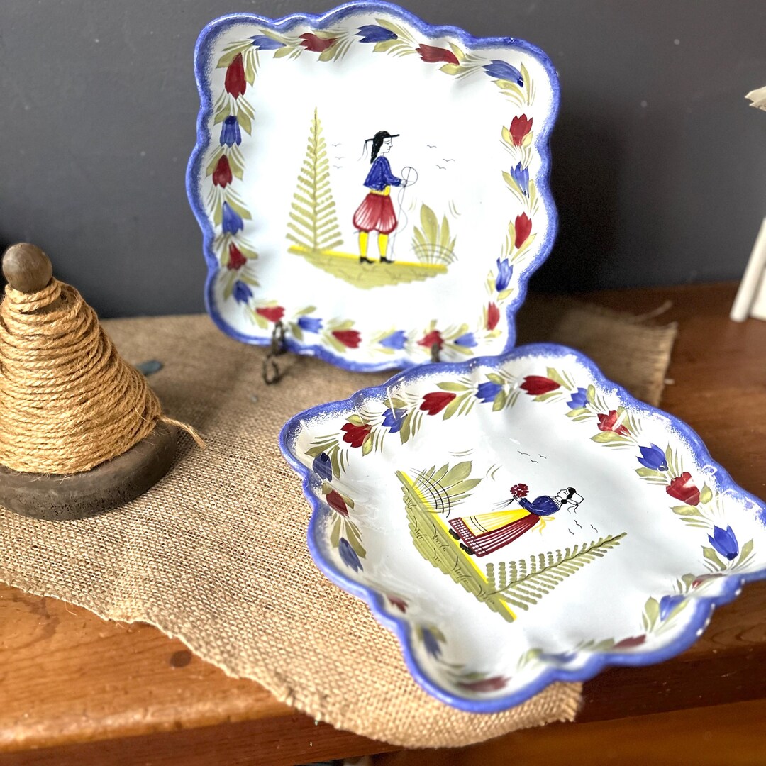 Beautiful French Quimper Faience Bowls, Set of 2p. Square Shape, Breton ...